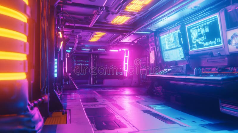 Futuristic Spaceship Interior with Neon Lights and Computer Screens ...