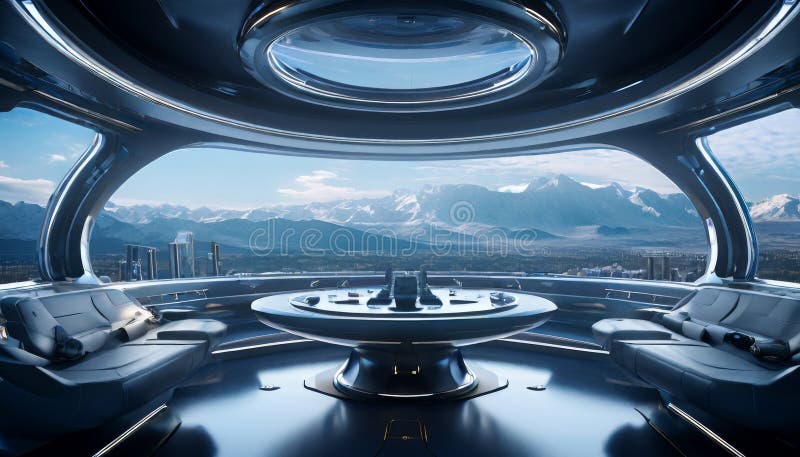 Futuristic Spaceship Interior with Panoramic Mountain View Stock Photo ...