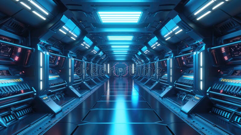 Futuristic Spaceship Interior, Perspective of Blue Corridor with ...