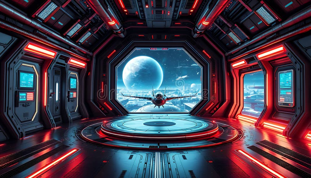 Futuristic Spaceship Interior with Pixel Art Style and Planetary View ...