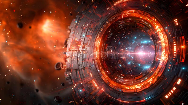 Futuristic Spaceship Interior with Red Lights and Glowing Nebula ...