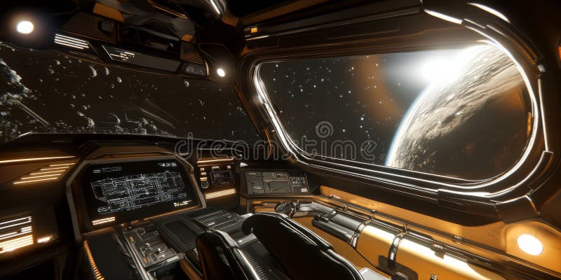 A Futuristic Spaceship Interior with Sleek Metallic Walls, Glowing ...