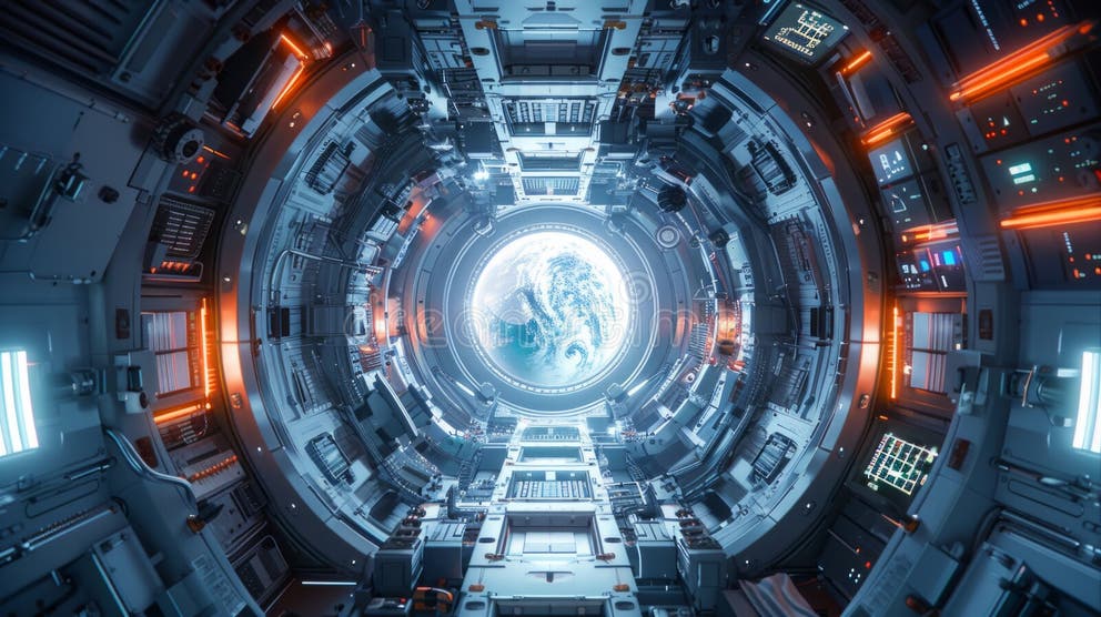 Futuristic Spaceship Interior with a View of Earth from Space through ...