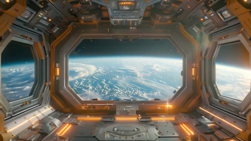 Futuristic Spaceship Interior with View of Earth from Space Stock ...