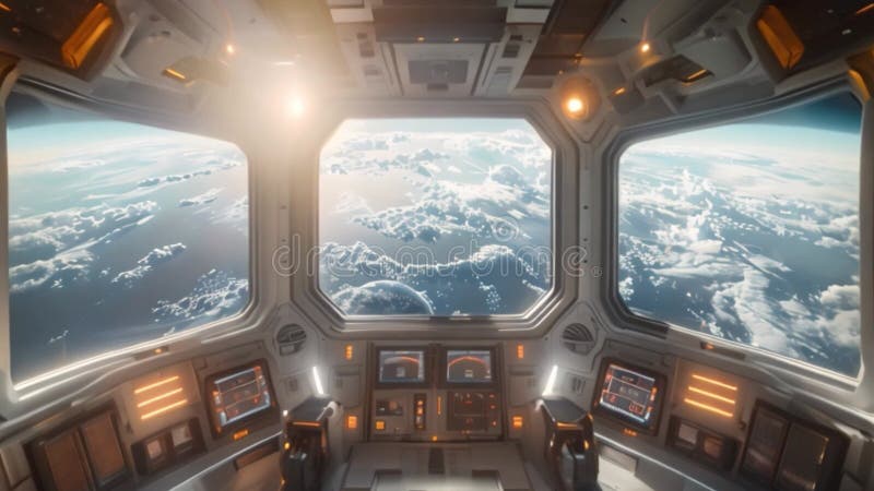 Futuristic Spaceship Interior View with Earth through Window during ...