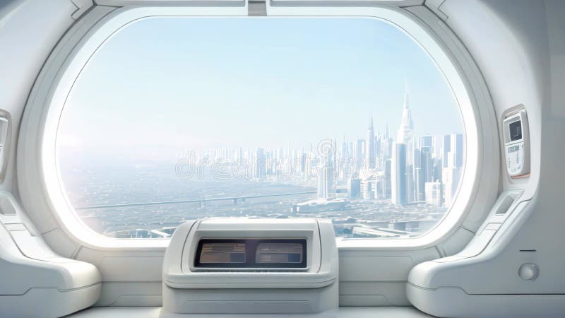 Futuristic Spaceship Interior with Window View on City. 3D Rendering ...