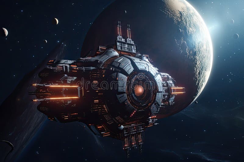 Spaceship Leaving an Industrial Space Station Stock Illustration ...