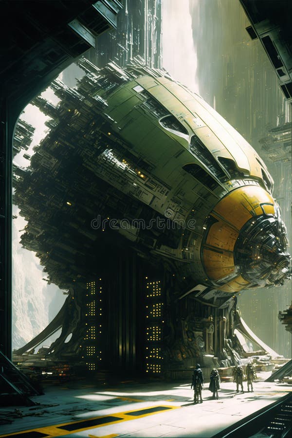 Futuristic Spaceship in a Massive Sci-fi Docking Bay Stock Illustration ...