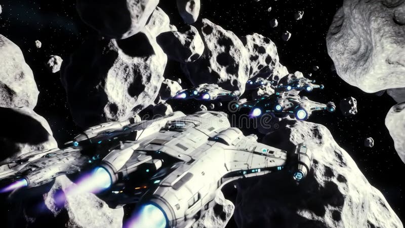 A Futuristic Spaceship Navigates through a Dense Asteroid Field in Deep ...