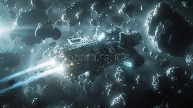 A Futuristic Spaceship Navigates through a Dense Asteroid Field in ...