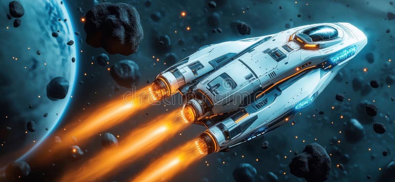 Futuristic Spaceship Navigating through Asteroid Field in Deep Space ...
