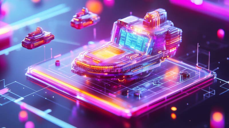 Futuristic Spaceship on Neon Circuit Board Stock Illustration ...