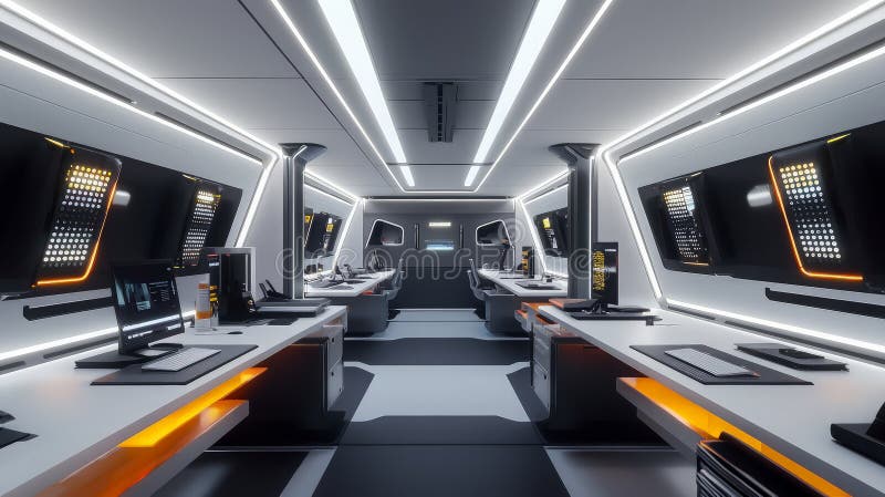 Futuristic Spaceship Office Interior; Workstations, Glowing Lights. Use ...