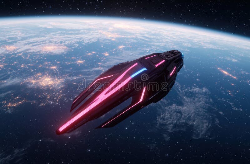 Futuristic Spaceship in Orbit Above Earth Stock Illustration ...