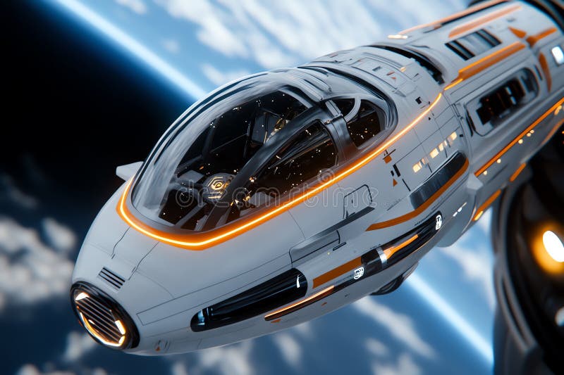 Futuristic Spaceship Orbiting Earth with Advanced Technology and Sleek ...