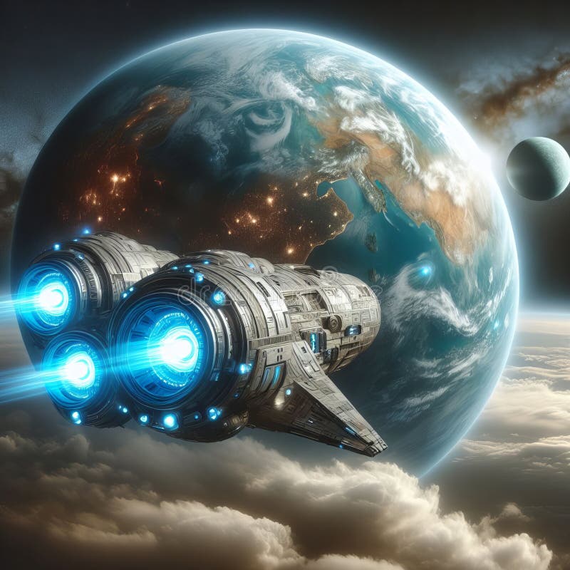 Futuristic Spaceship Orbiting Earth in Deep Space Stock Image - Image ...
