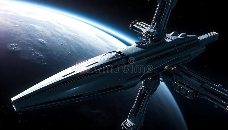 Futuristic Spaceship Orbiting Earth Stunning Sci-fi Artwork Stock Photo ...