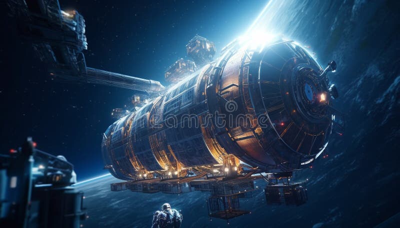 Futuristic Spaceship Orbits Galaxy, Illuminated by Blue Starlight at ...
