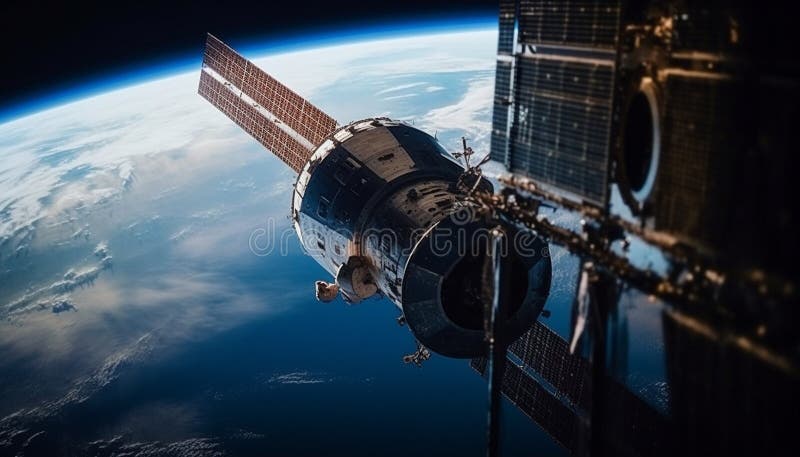 Futuristic Spaceship Orbits Planet in Dark Stratosphere, Transporting ...