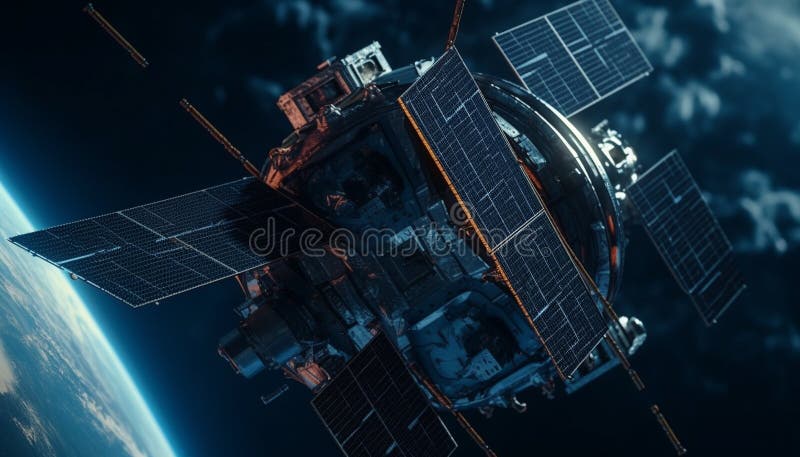 Futuristic Spaceship Orbits Planet, Powered by Solar Panels and Fuel ...