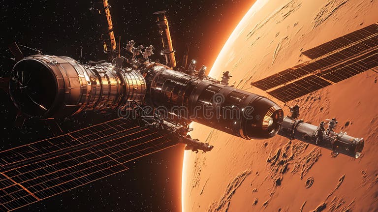 A Futuristic Spaceship Orbits a Red Planet in Space Stock Illustration ...