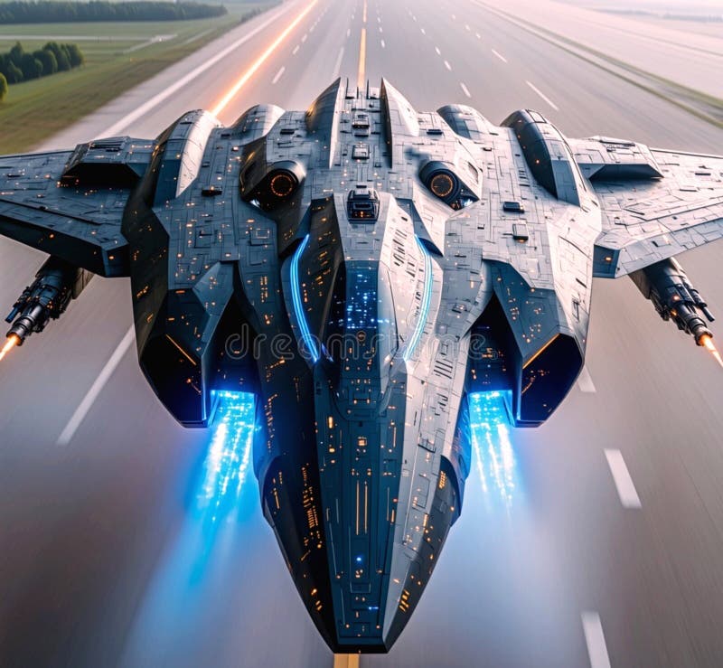 Futuristic Spaceship Over Highway: Concept Art Stock Image - Image of ...
