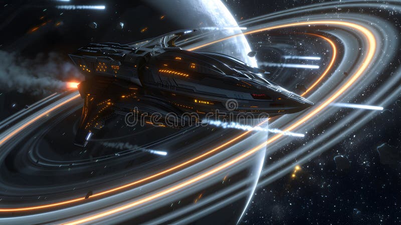 Futuristic Spaceship Passing through Ringed Planet Stock Illustration ...