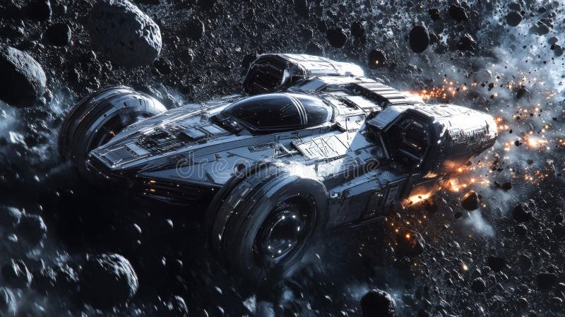 Futuristic Spaceship Racing through Asteroid Field Stock Illustration - Illustration of white ...