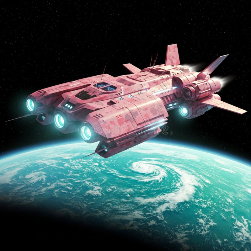 A Futuristic Spaceship with a Red Exterior Hovers Above Earth in Space ...