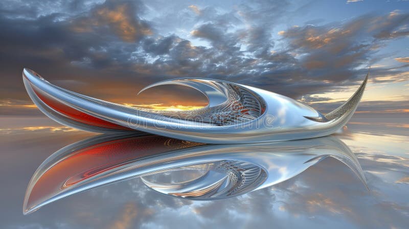 Futuristic Spaceship Sculpture on Mirrored Surface, Modern Architecture ...