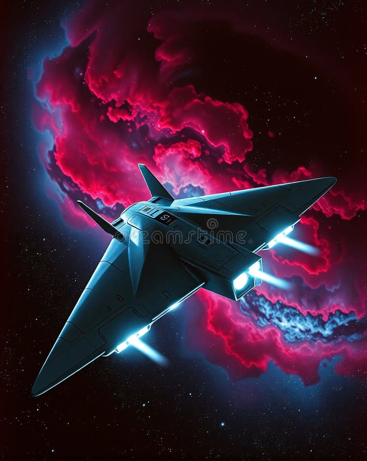 Futuristic Spaceship with Sharp Angles and Bright Engines, Flying ...