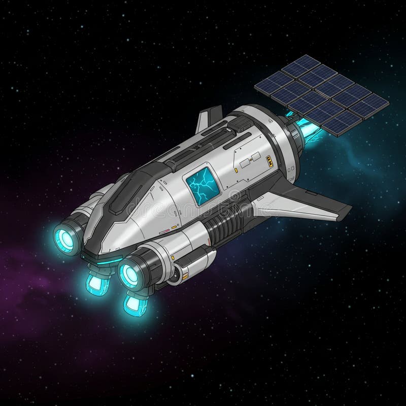 Futuristic Spaceship with a Sleek Silver Body and Angular Design, Featuring Three Stock ...