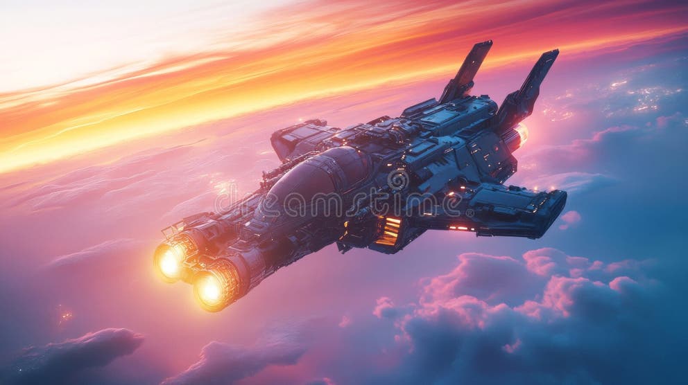 Futuristic Spaceship Soaring Above Clouds at Sunset Stock Illustration ...