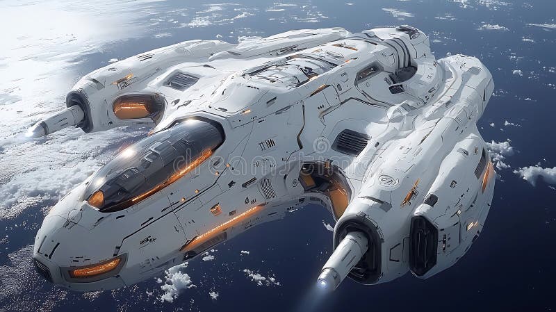 Futuristic Spaceship Soaring Above a Cloudy Planet Stock Illustration ...