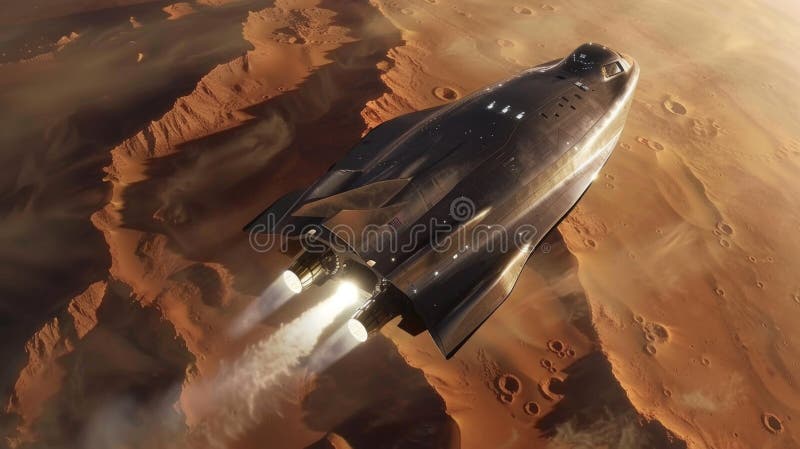 Futuristic Spaceship Soaring Above Mars Rugged Surface Stock ...