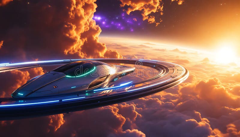 Futuristic Spaceship Soaring Above Sunset Cloudscape: a Dramatic Sci-Fi ...