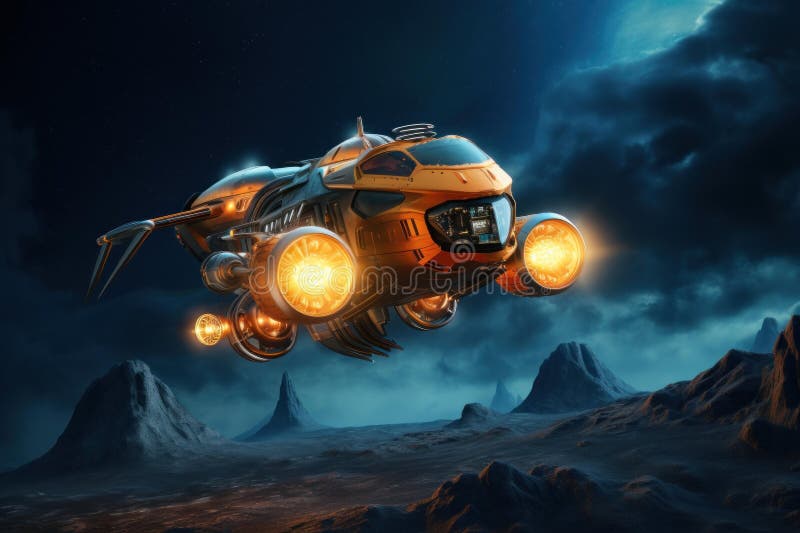 Futuristic Spaceship Soaring Across Alien Landscape Stock Illustration ...