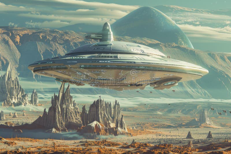 A Futuristic Spaceship Soaring Over a Desert Landscape. Perfect for Sci ...