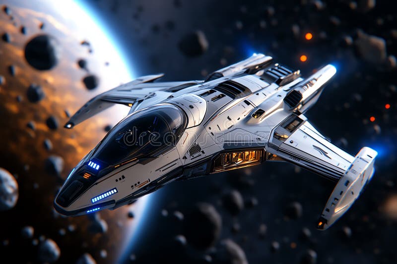 Futuristic Spaceship Soaring through Space, with a Distant Planet and ...