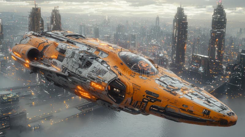 Futuristic Spaceship Soaring Vibrant Cyberpunk City Neon Lights and ...