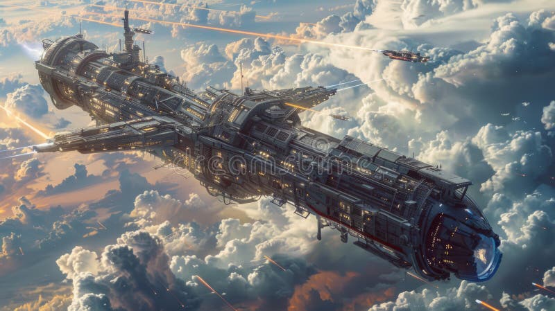 A Futuristic Spaceship Soars through a Cloudy Sky, with Advanced ...