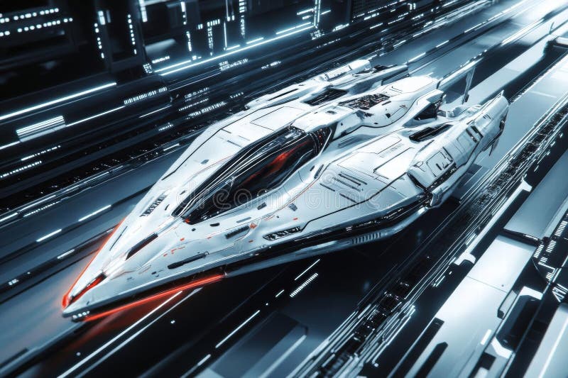 Futuristic Spaceship Soars through Digital Corridor, Advanced ...