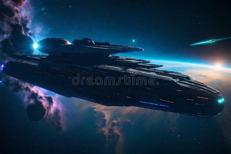 Futuristic Spaceship in Space with Glowing Neon Colors and 3D Rendering ...
