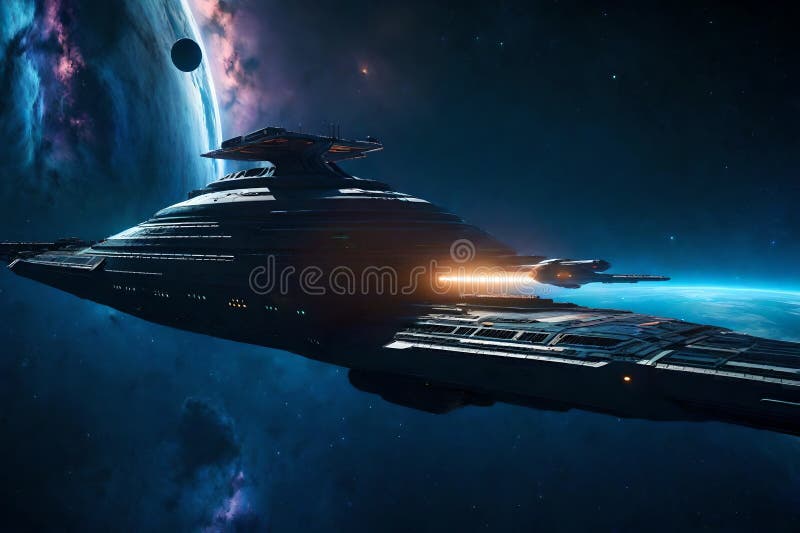 Futuristic Spaceship in Space with Glowing Neon Colors and 3D Rendering ...