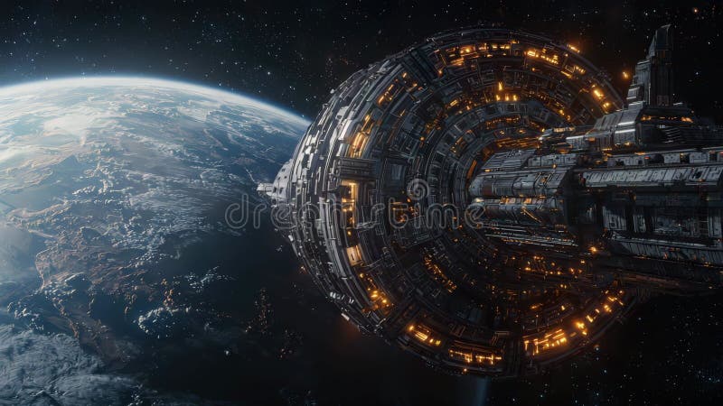 Futuristic Spaceship and Space Station Orbiting Earth with Glowing ...