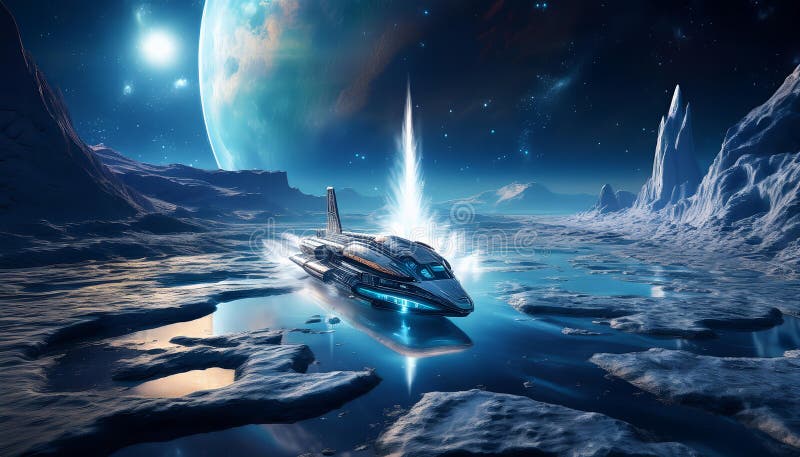 Spaceship Taking Off from Frozen Alien Planet with Blue Planet in ...