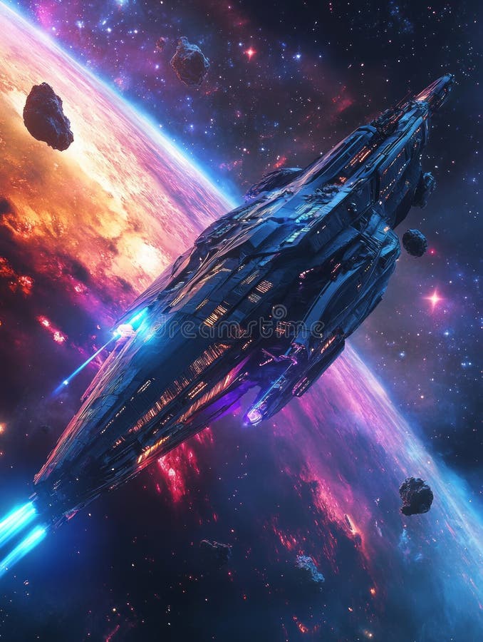 Futuristic Spaceship Traveling through Asteroid Field in Galaxy Stock ...