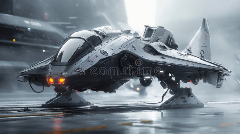 Futuristic Spaceship on Wet Landing Pad Stock Illustration ...