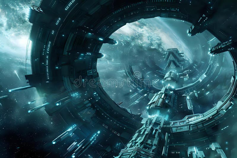 Futuristic Spaceships Navigate a Celestial Ring Structure, a Sci-Fi ...