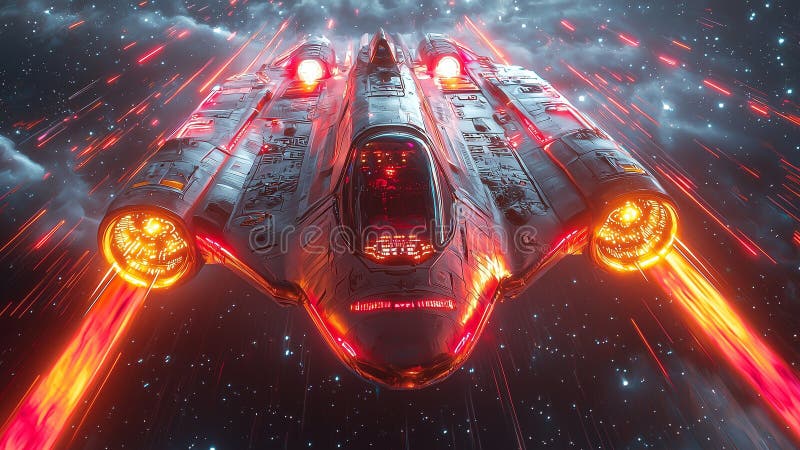 Futuristic Spaceships with Neon Thrusters in Deep Space Stock ...
